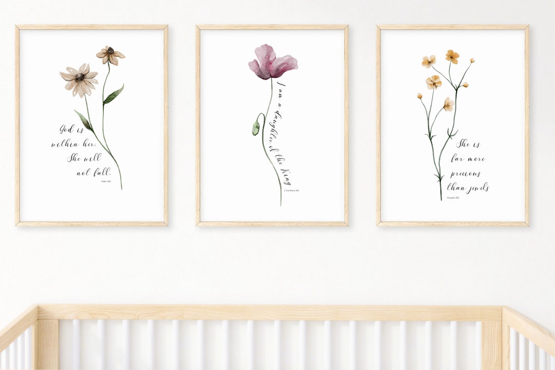 3 Piece Bible Verse Flower Wall Art, Christian Nursery Prints ...
