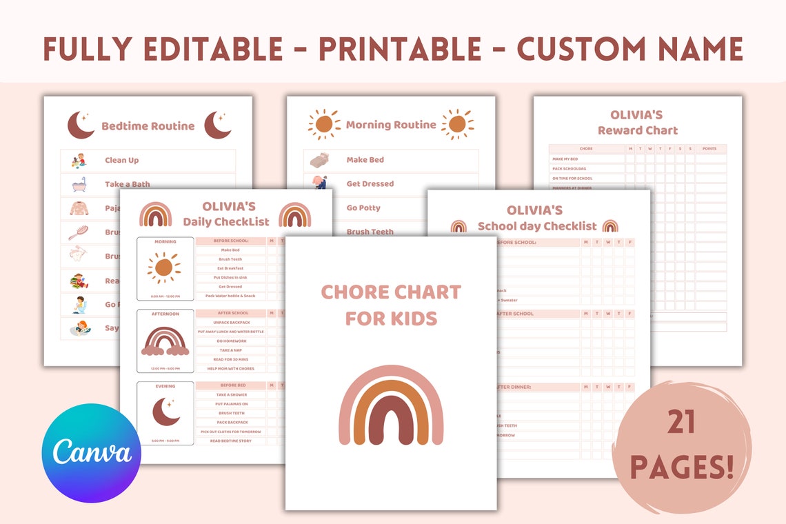 Girls Daily School Checklist Routine, Editable Chore Chart Printable ...