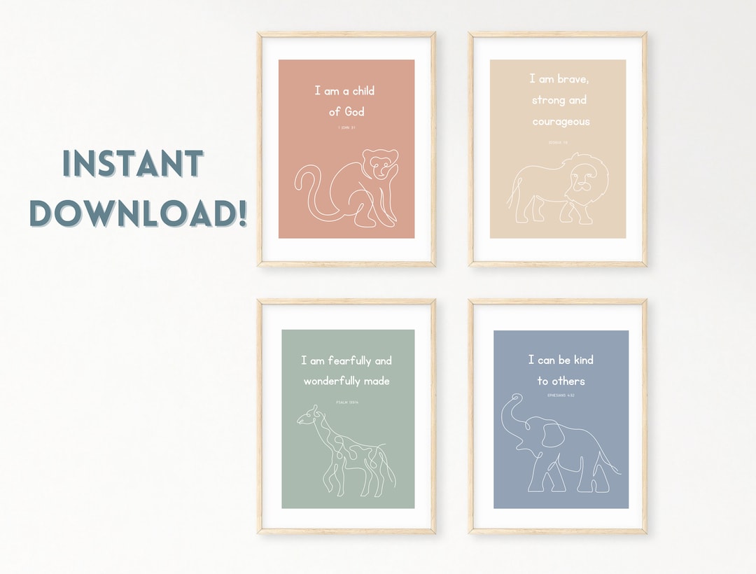 Safari Animal Bible Verse Prints | Set of 4 Jungle Nursery Wall Art ...