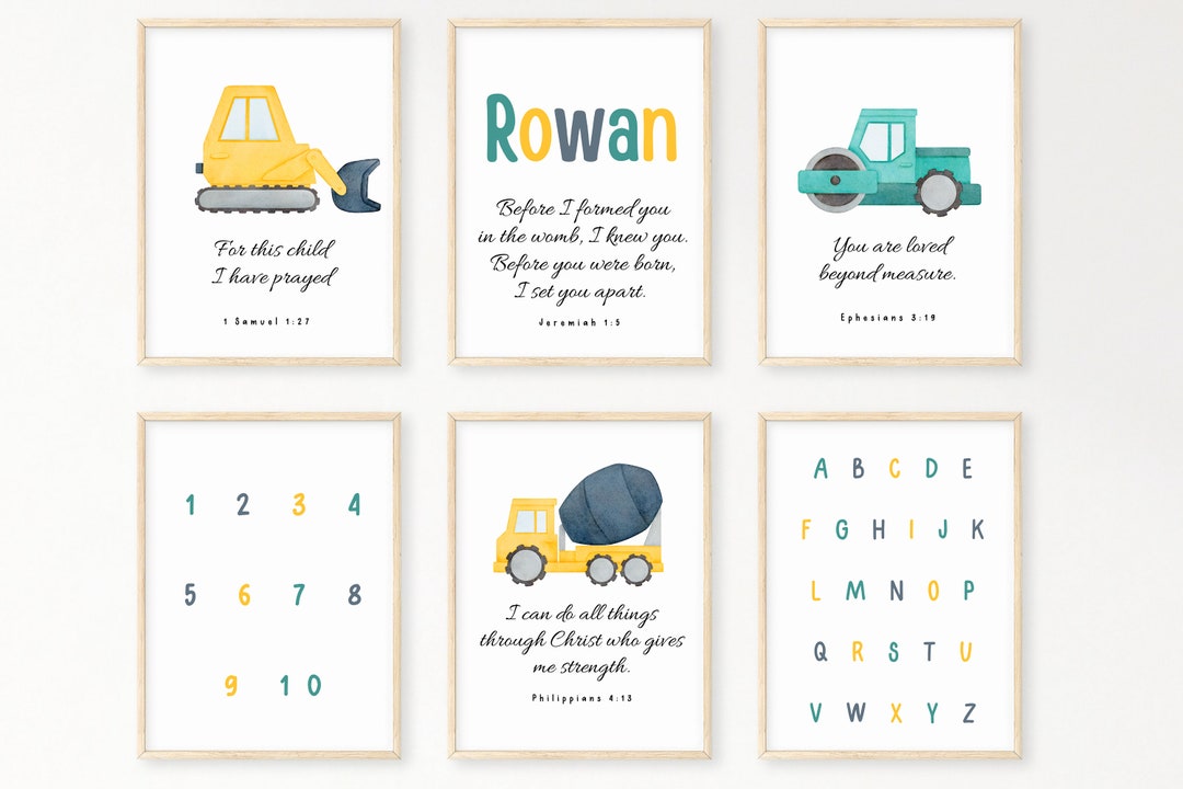 Custom Name Christian Construction Set of 6 Prints, Kids Bible Verse ...