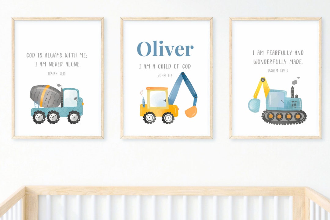 Bible Verse Construction Kids Wall Art Set of 3 PERSONALIZED Boys ...