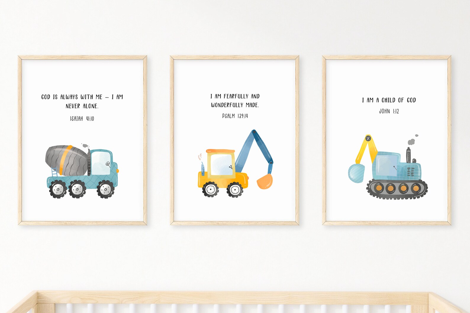 Bible Verse Construction Set of 3 Prints Kids Truck Tractor Digger ...