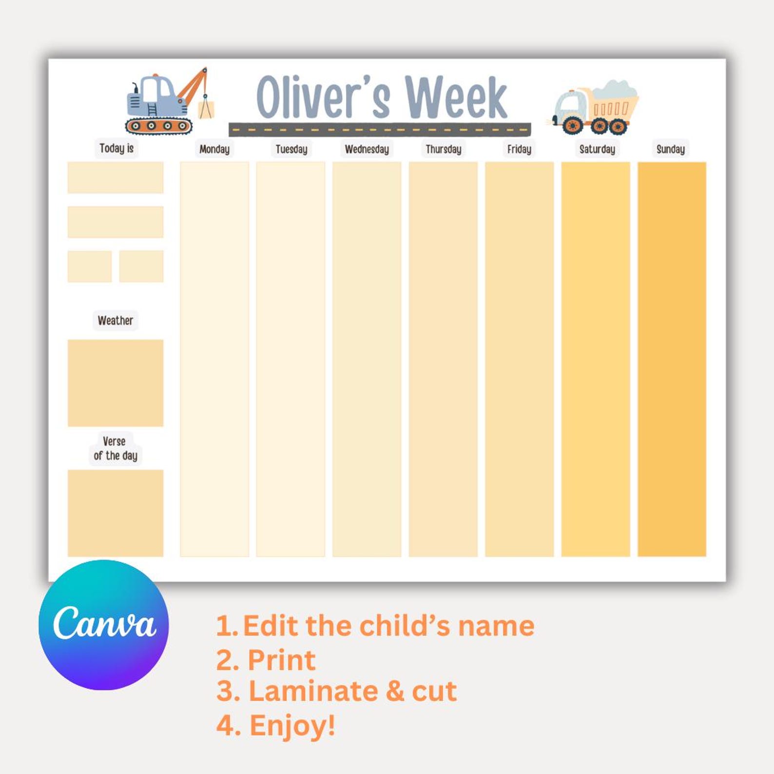 Kids Weekly Planner, Construction Custom Weekly Kids Calendar, Visual ...