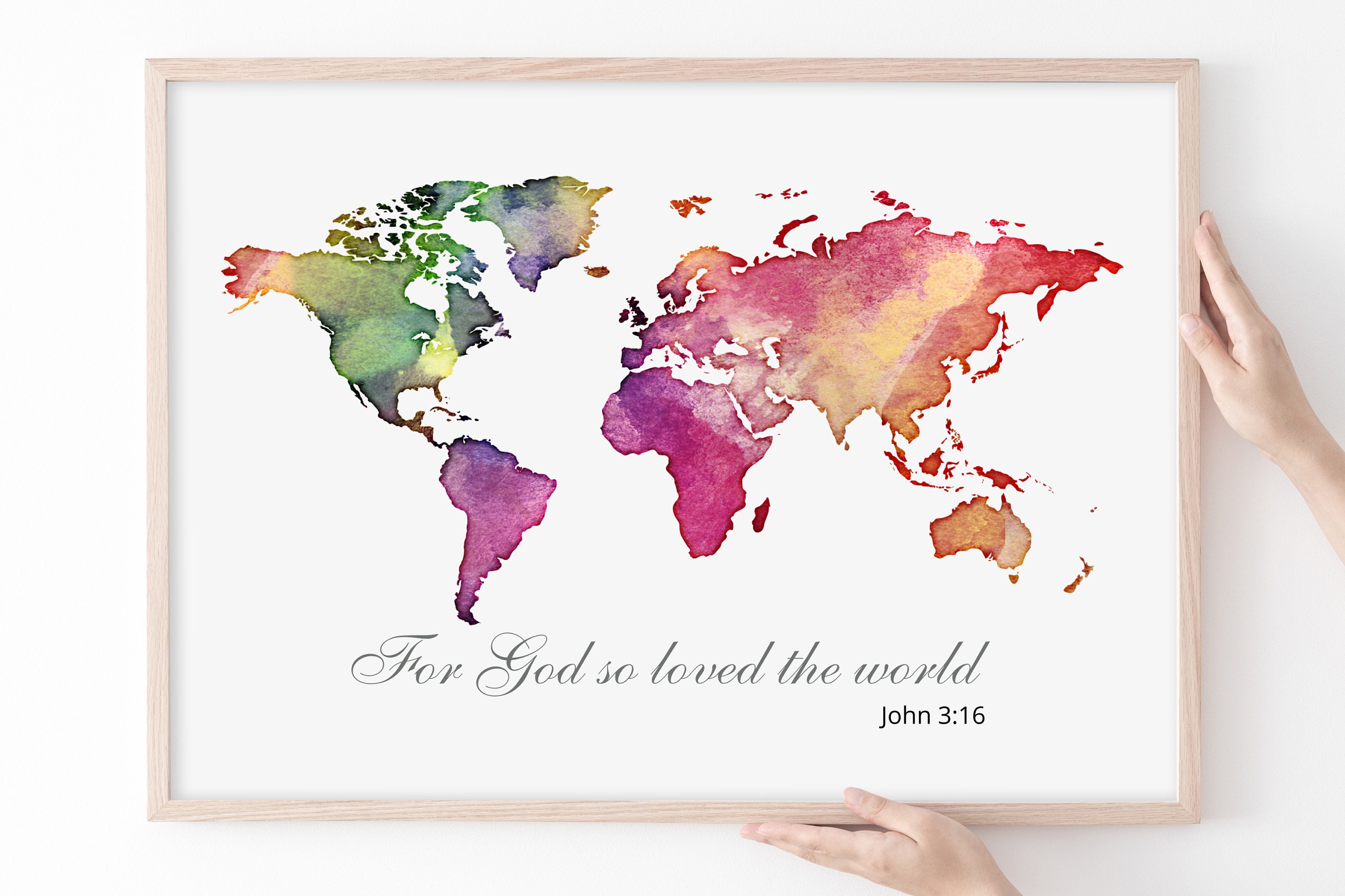 Watercolor World Map Bible Verse Kids Poster, John 3:16 for God so ...