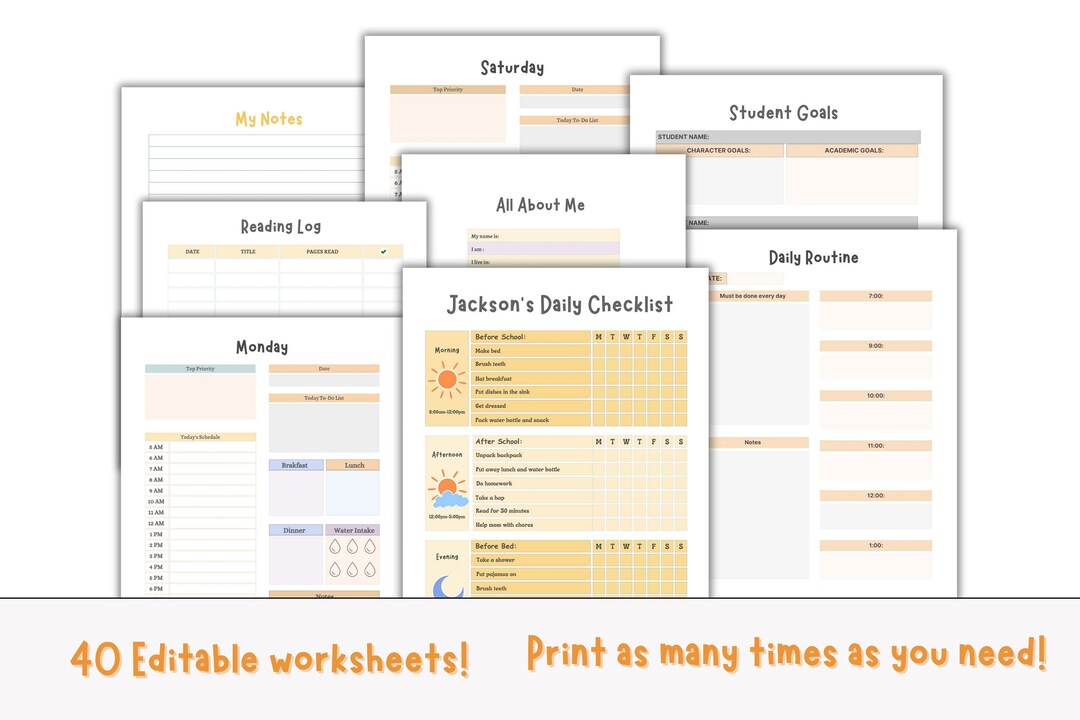 Editable Kid Daily Planner Bundle Custom Name Responsibility Chart ...