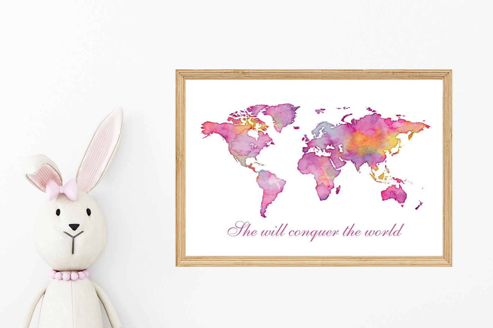 Pink Watercolor World Map Art Print, Girls "she Will Conquer the World ...