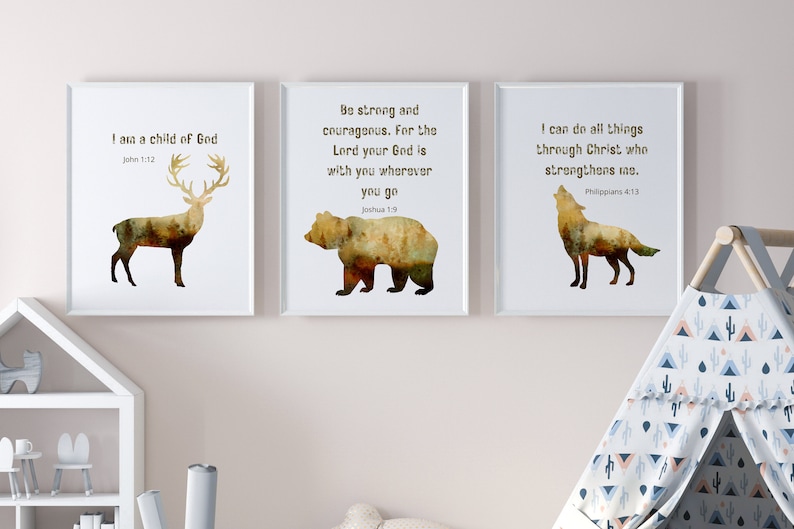 Woodland Animal Nursery Bible Verse Wall Art Set of 3, Boys Forest ...