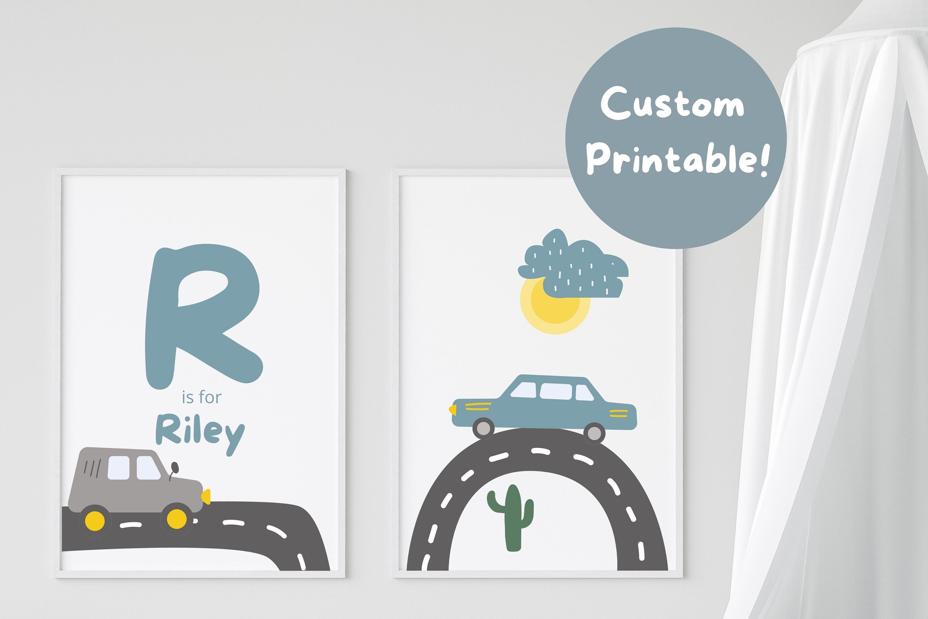 Personalized Name Car Transport Baby Boy Nursery Print Set of 2, Custom ...