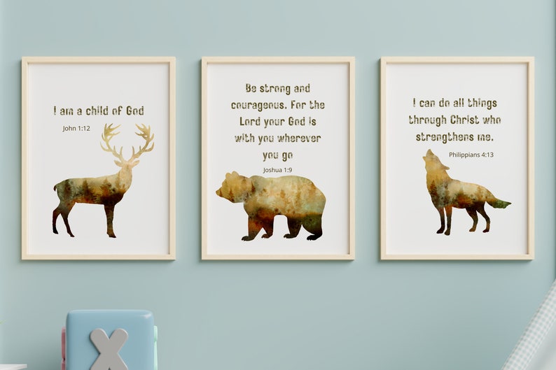 Woodland Animal Nursery Bible Verse Wall Art Set of 3, Boys Forest ...