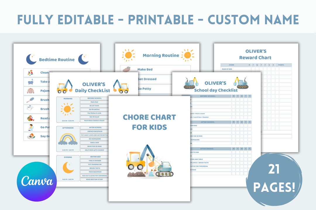 Editable Kids Chore Charts, Construction Reward Chart, Boys School ...