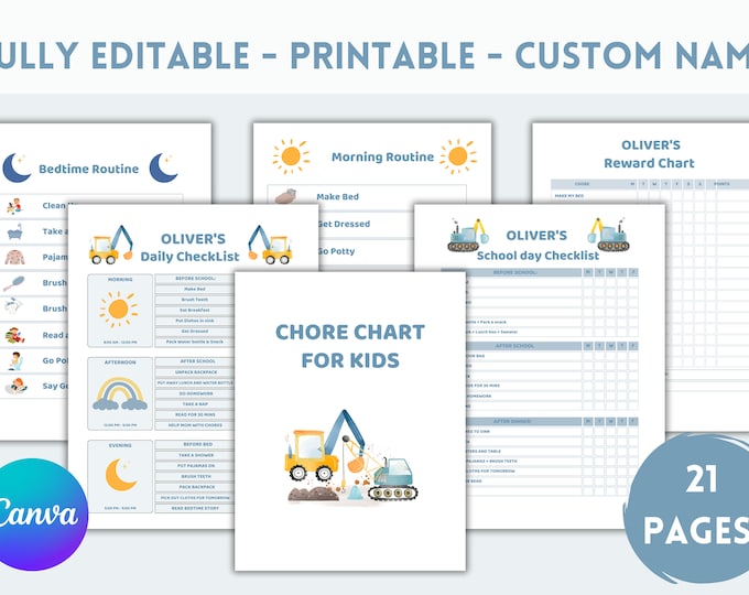 Editable Kids Chore Charts, Construction Reward Chart, Boys School ...