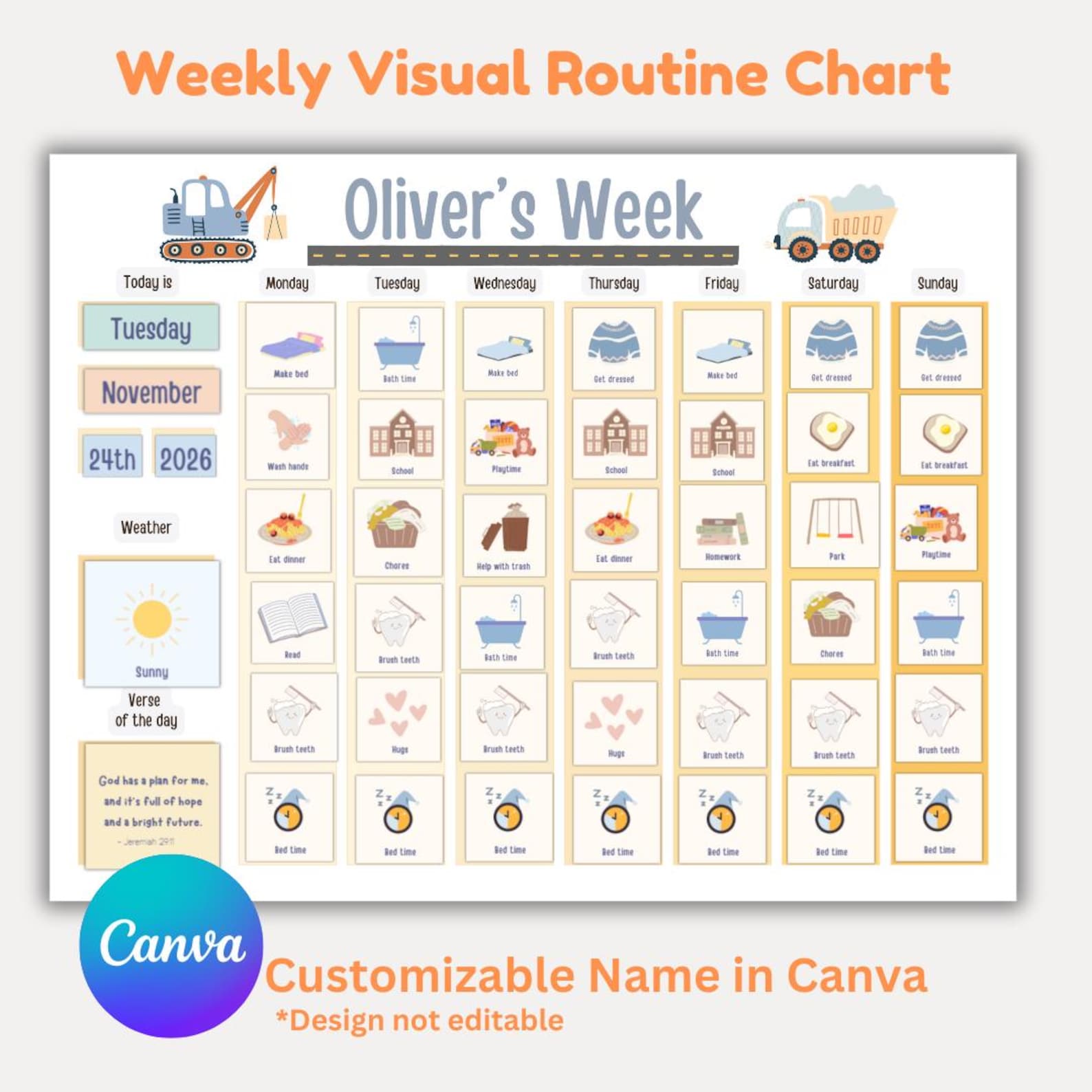 Kids Weekly Planner, Construction Custom Weekly Kids Calendar, Visual ...