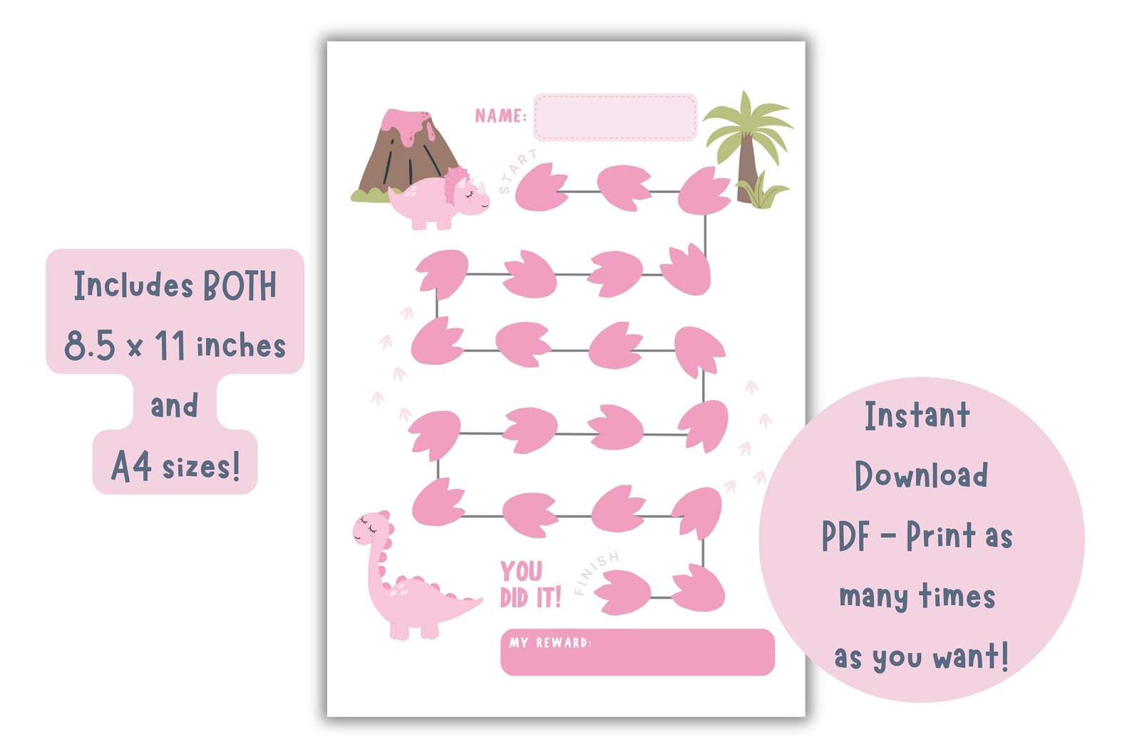Printable Pink Dinosaur Reward Chart, Girls Behavior Chart, Kids ...