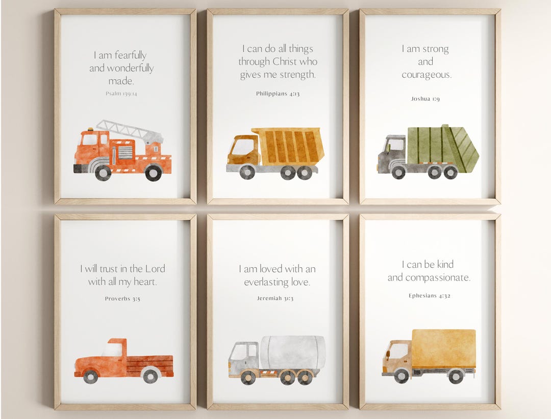Construction Bible Affirmation Prints Set of 6, Trucks and Cars Nursery ...