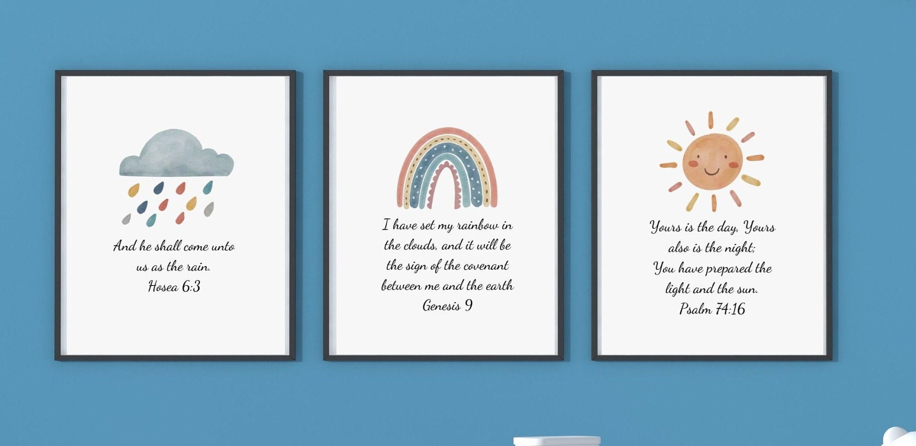Set of 3 Rainbow Bible Verse Wall Art | Genesis 9 Hosea 6 3 Psalm 74 16 ...