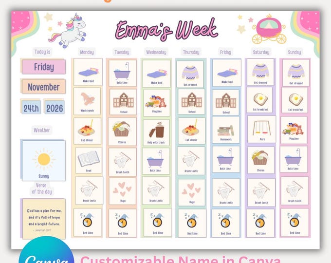Kids Weekly Calendar, Unicorn Daily Responsibilities Chart, Weekly ...