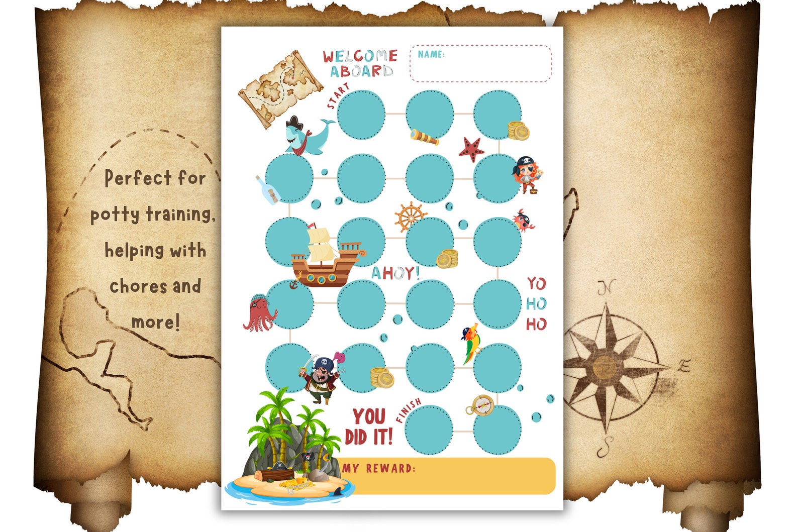 Reward Sticker Chart, Pirate Treasure Kids Potty Training Chart, Potty ...