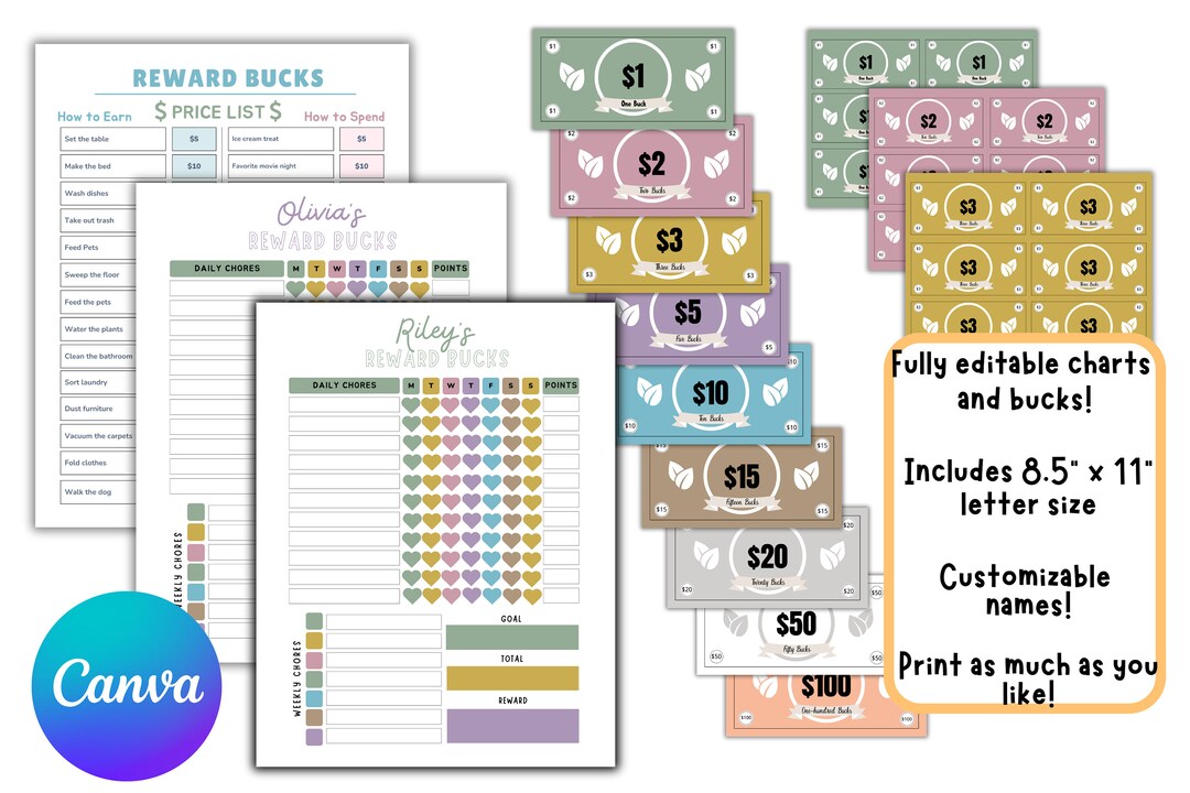 Editable Reward Bucks Chart Bundle, Printable Play Money, Visual Chore ...