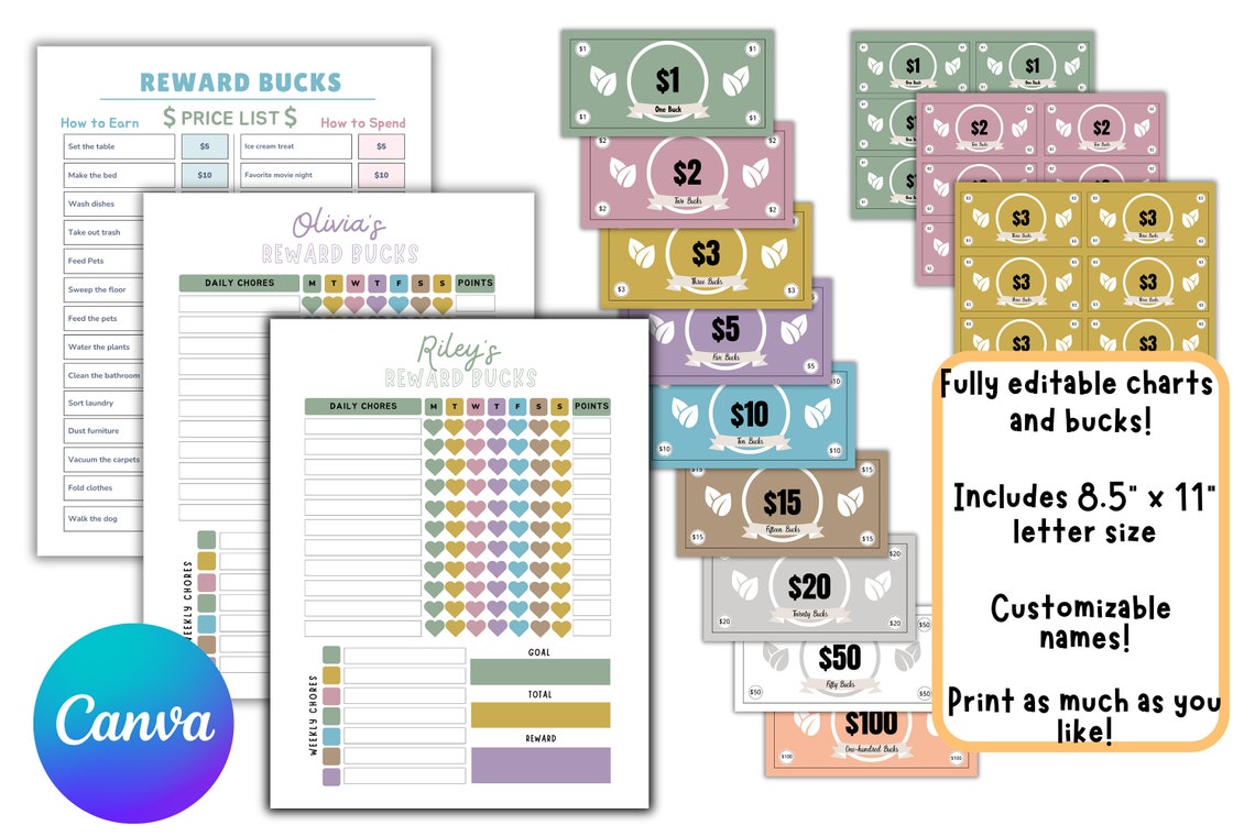 Editable Reward Bucks Chart Bundle, Printable Play Money, Visual Chore ...
