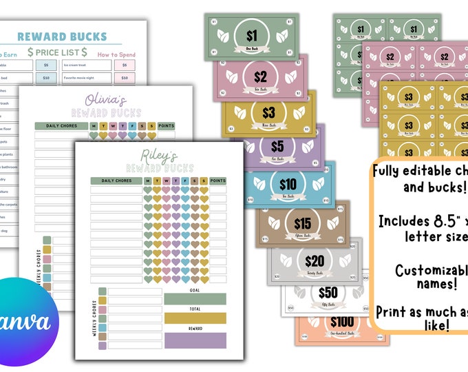 Editable Reward Bucks Chart Bundle, Printable Play Money, Visual Chore ...