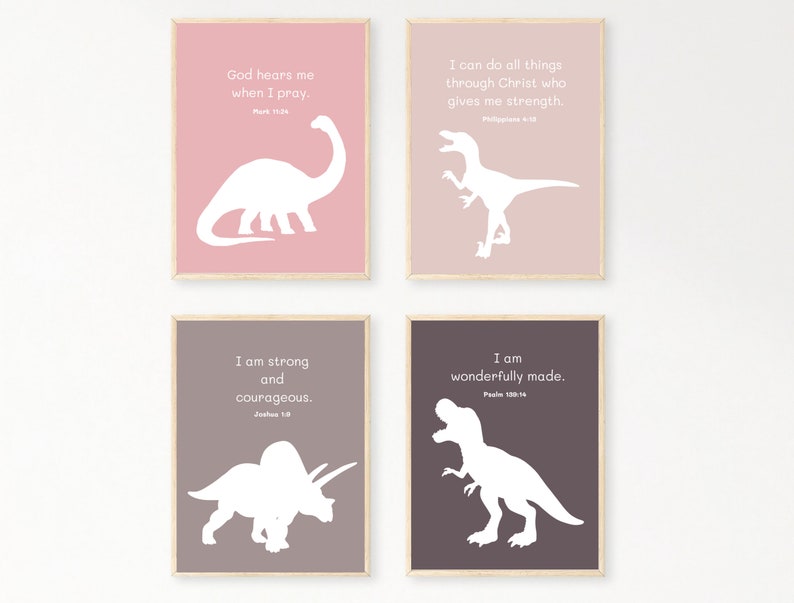 Pink Dinosaur Prints Set of 4 Dinosaur Bible Verse Decor Dinosaur ...