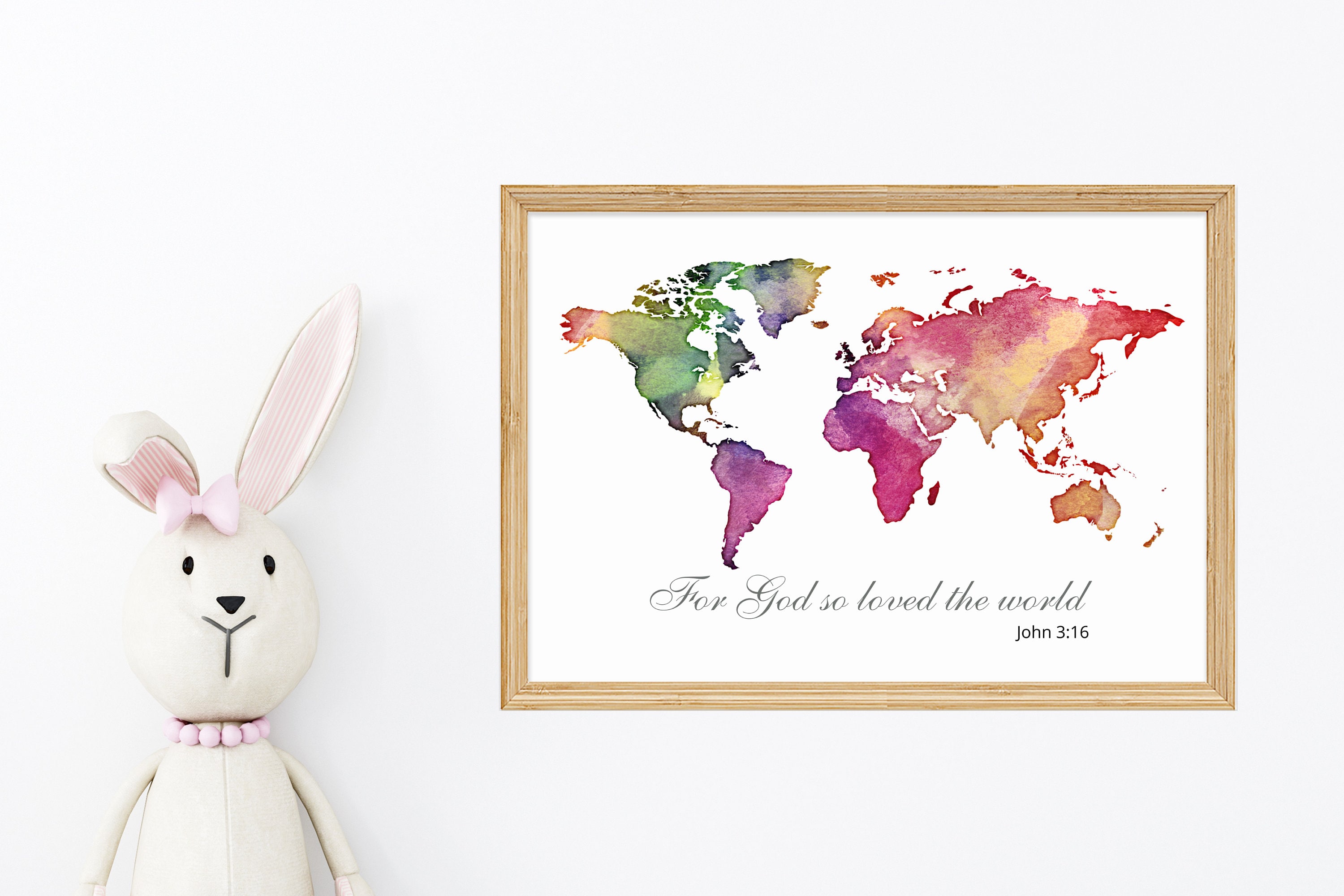 Watercolor World Map Bible Verse Kids Poster, John 3:16 for God so ...