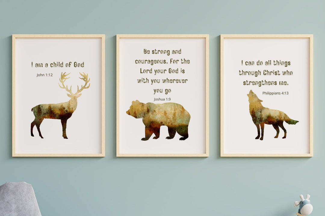 Woodland Animal Nursery Bible Verse Wall Art Set of 3, Boys Forest ...