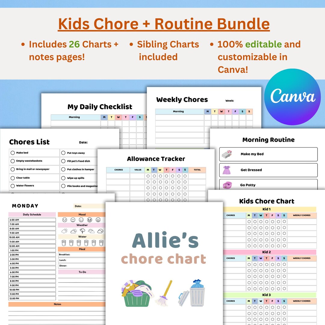 Editable Kids Chore Chart Bundle, Reward Chart, School Routine ...