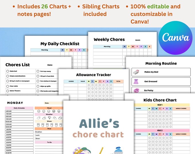 Editable Kids Chore Charts,multiple Kids Daily Checklist Canva,editable ...