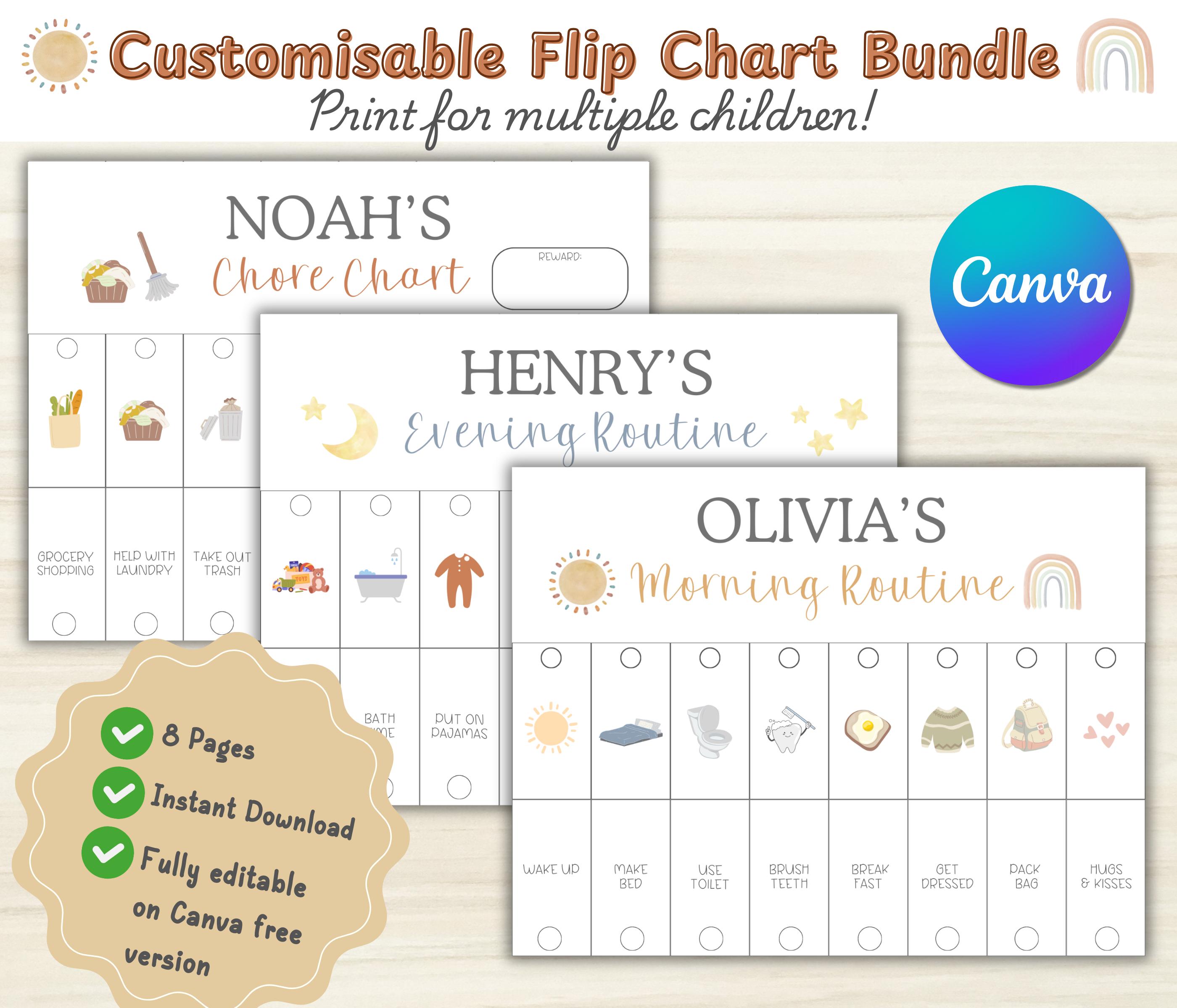 Kids Flip Chart Editable Routine Printable, Morning Chore Evening Flip ...