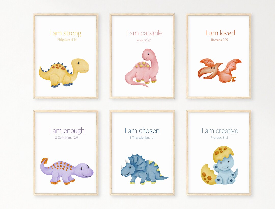 Dinosaur Bible Affirmations Wall Art Set of 6 Christian Dino Decor Baby ...