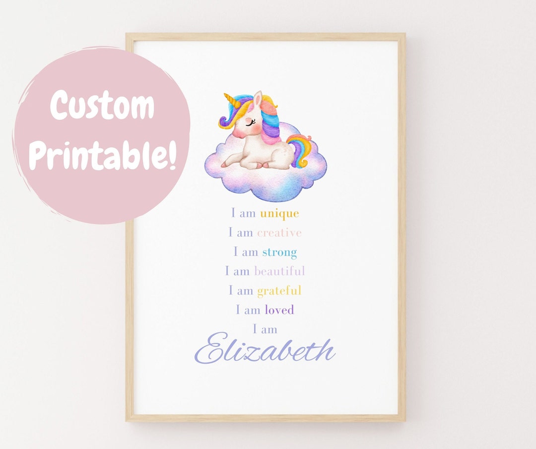 Personalized Unicorn Affirmations Print, Custom Name Kid Positive ...