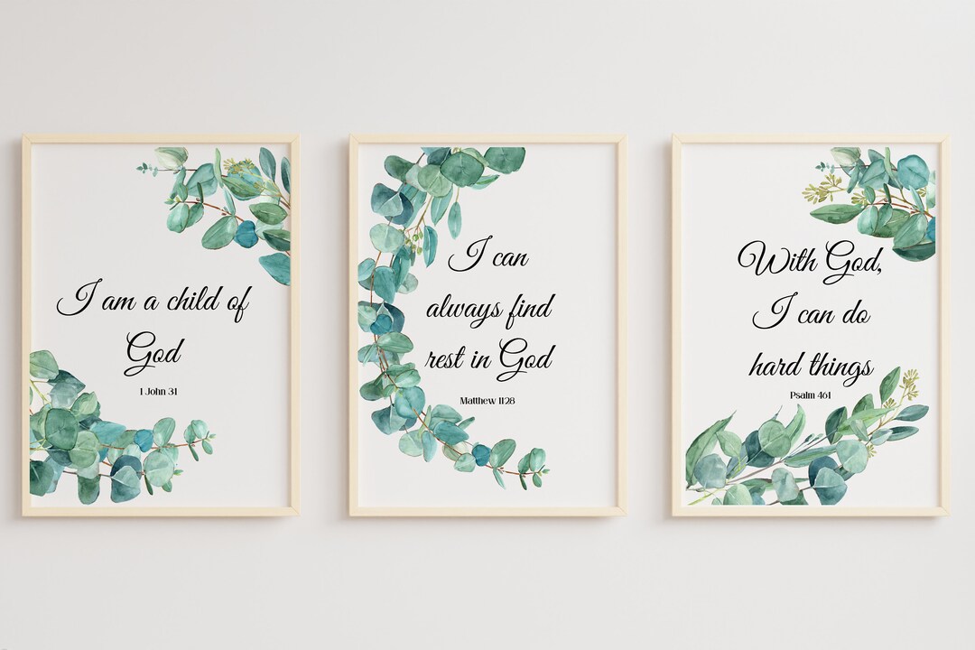 Eucalyptus Bible Verse Wall Art Set of 3, Green Baby Nursery Christian ...