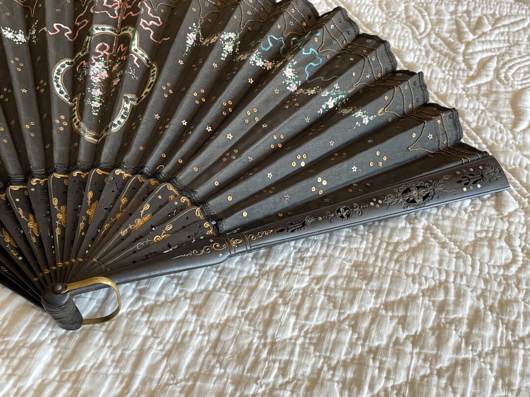 Fabric Folding Hand Fan 1900s in Black Wood With Hand Painting and Gold ...