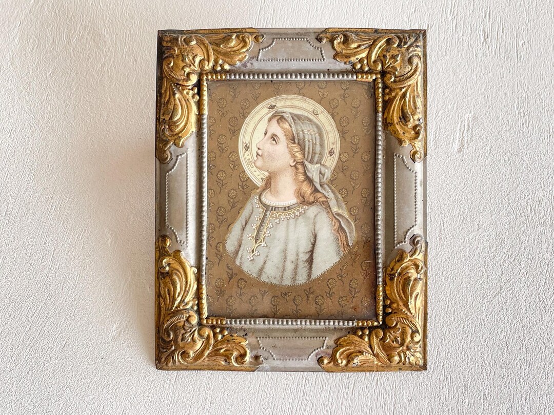 Antique French 19th Century Holy Card in Ornate Zinc and Brass Frame ...
