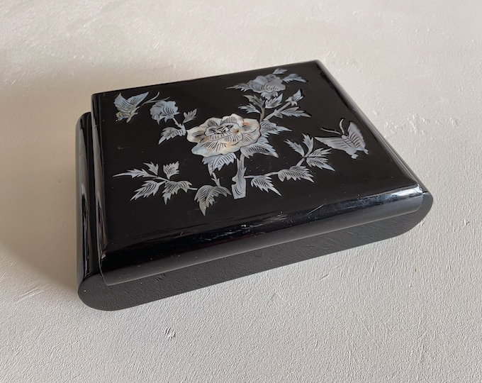 Vintage Writing Box in Black Lacquered Wood and Pearly Rose Inlays - Etsy