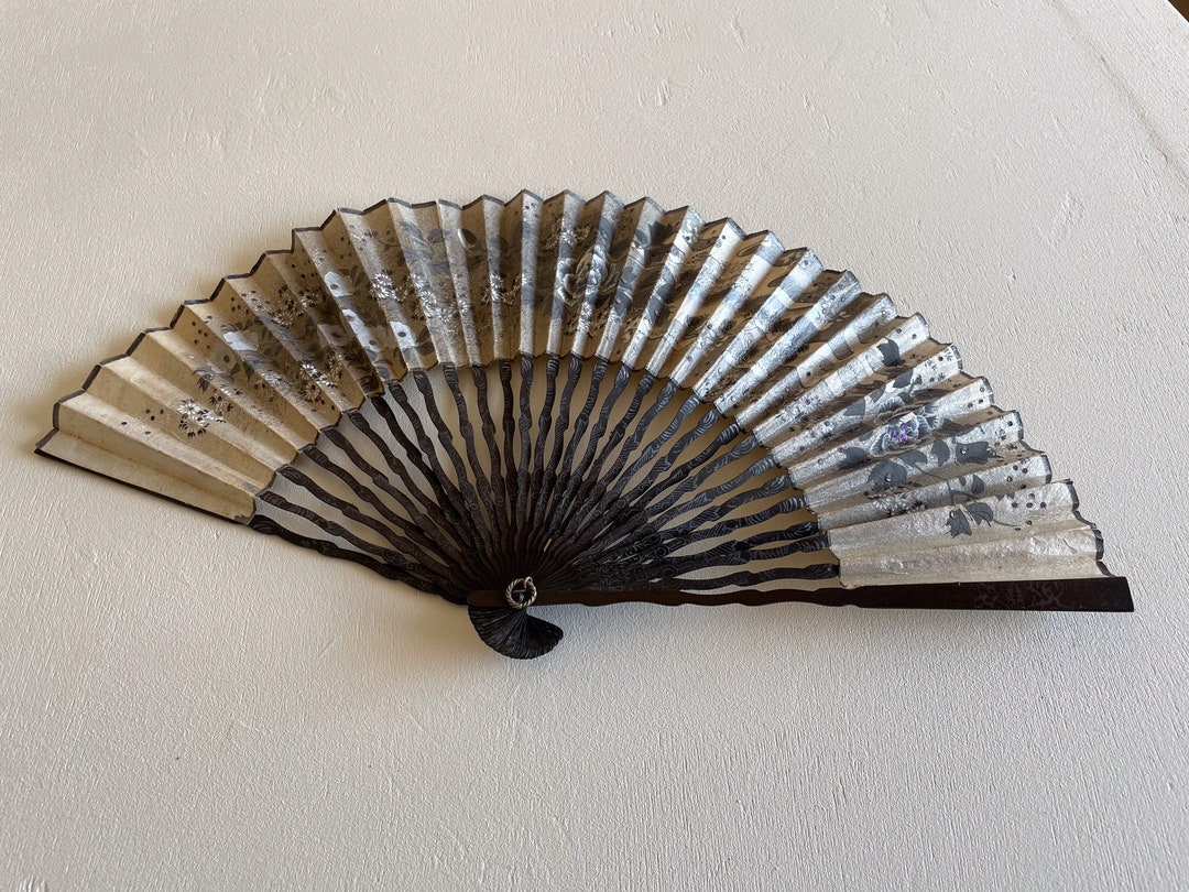Fabric Folding Hand Fan 1900s in Black Wood and an Asian Landscape ...