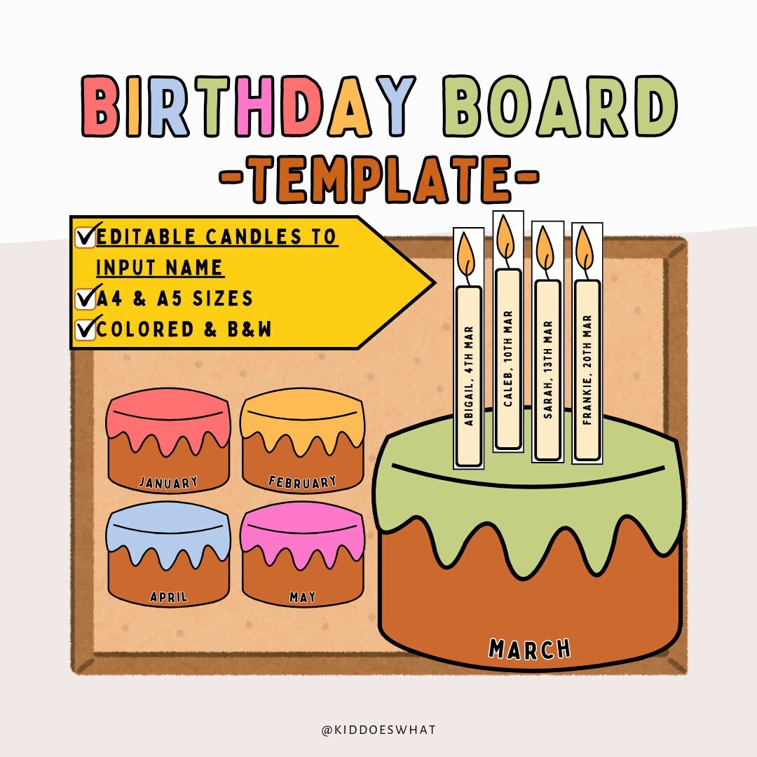 Classroom Birthday Board Display Birthday Cake and Customizable Candles ...