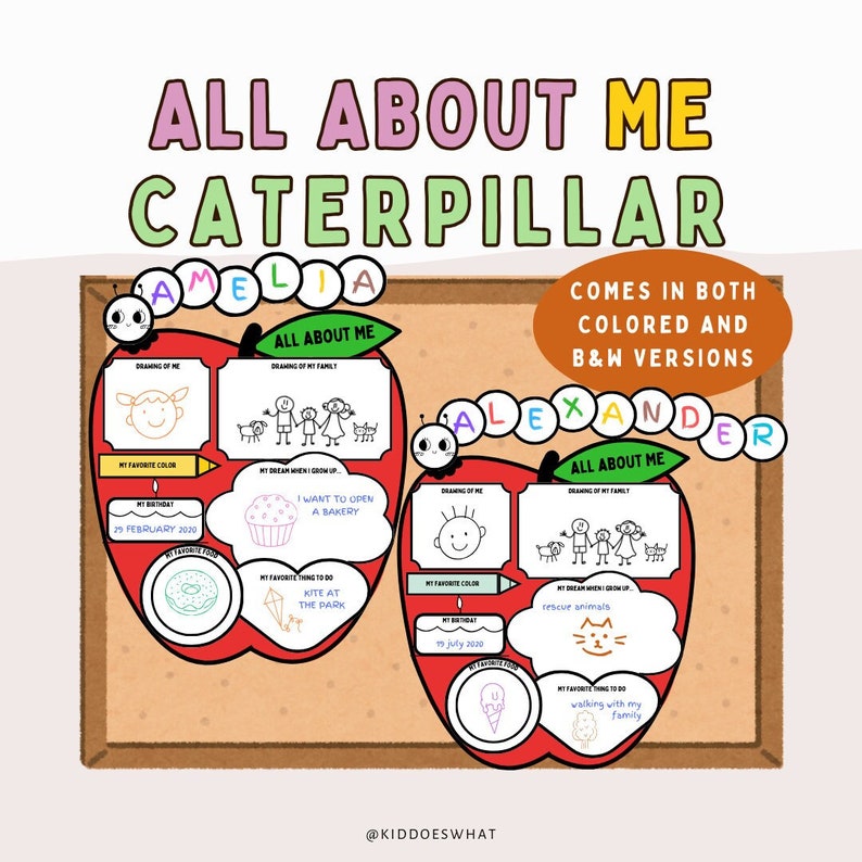 All About Me Back to School No Prep Cute Caterpillar & Apple Bulletin ...