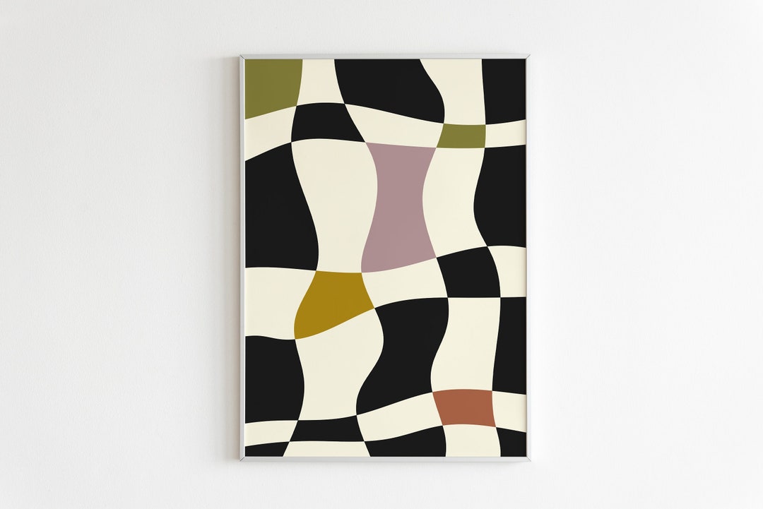 Funky Checkered Wavy, Black and Cream Art Print, Checkered Decor ...