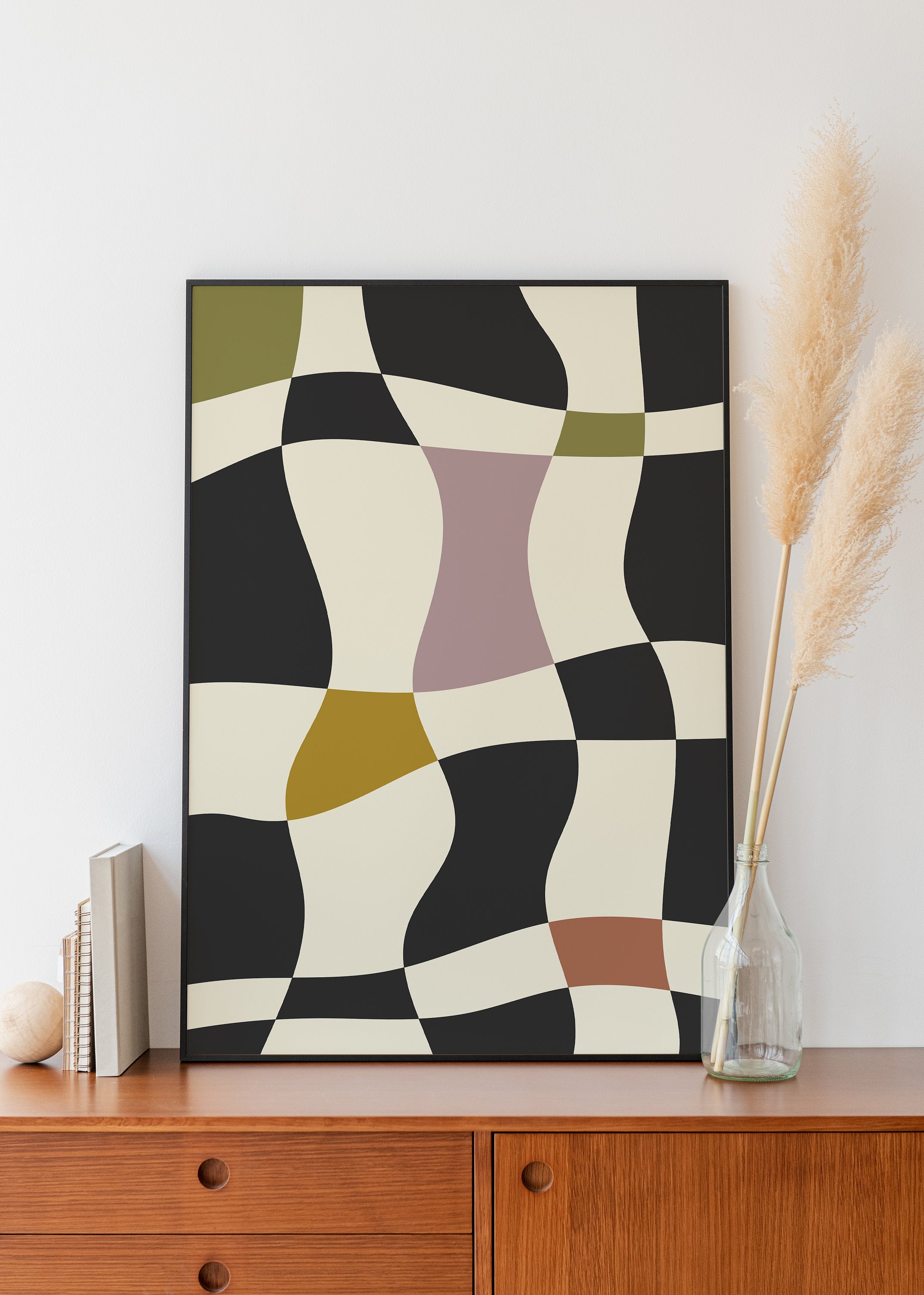 Funky Checkered Wavy, Black and Cream Art Print, Checkered Decor ...