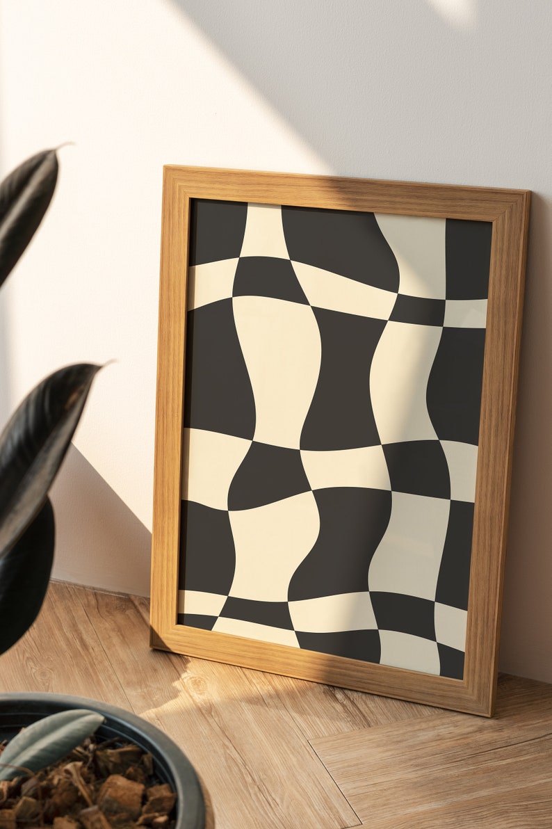 Funky Checkered Wavy, Black and Cream Art Print, Checkered Decor ...