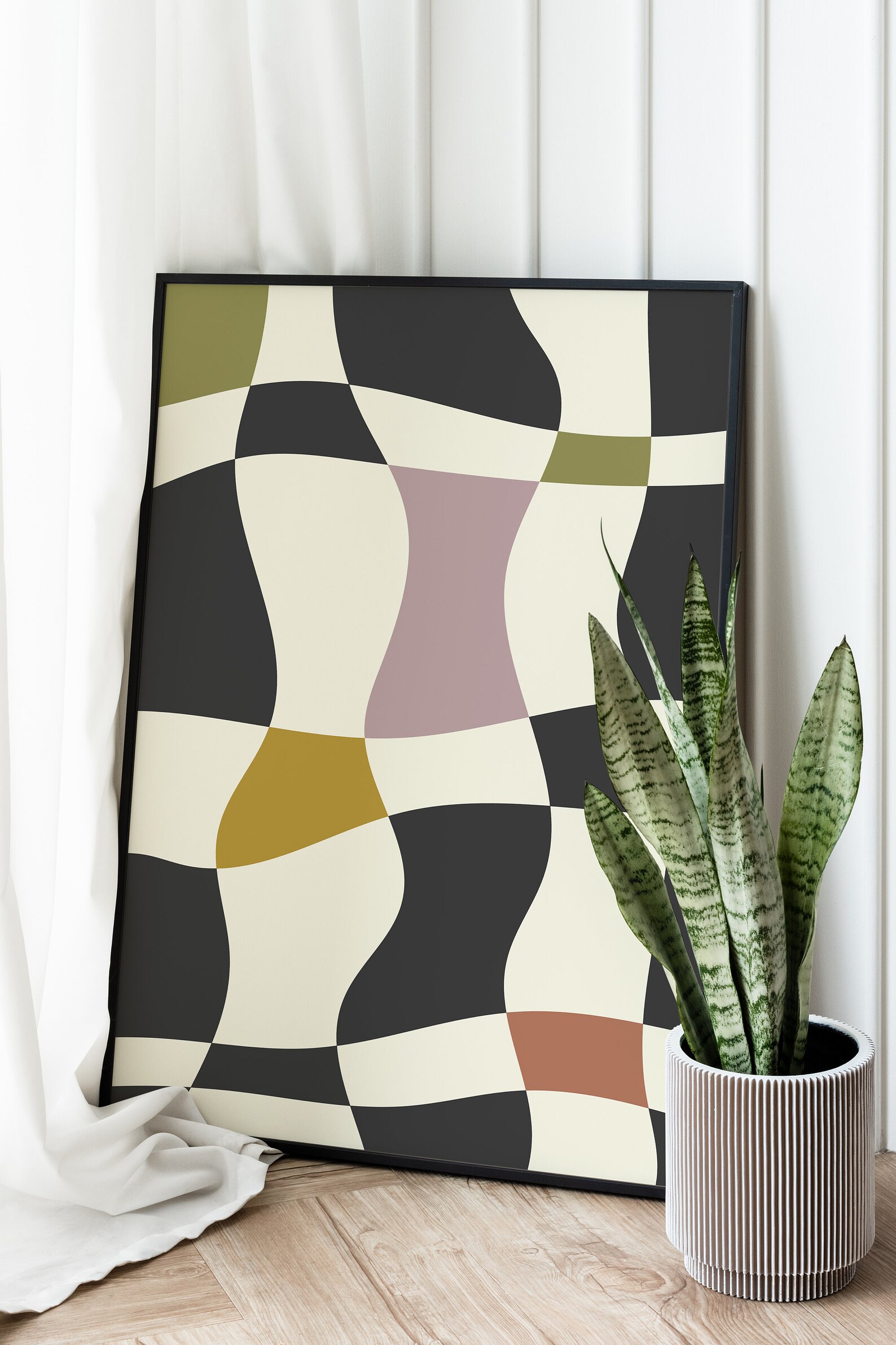 Funky Checkered Wavy, Black and Cream Art Print, Checkered Decor ...