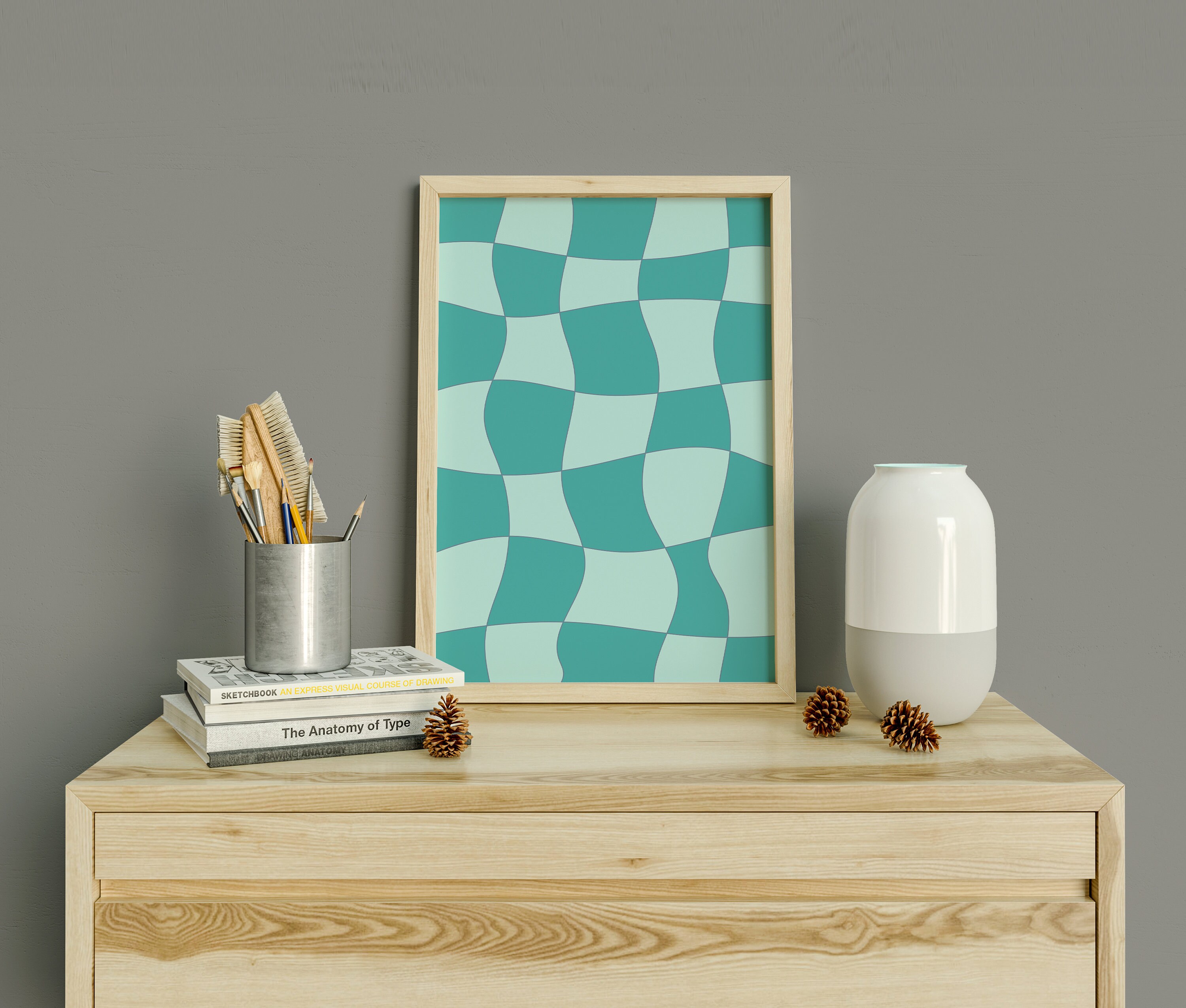 Funky Checkered Wavy, Turquoise and Teal Art Print, Checkered Decor ...
