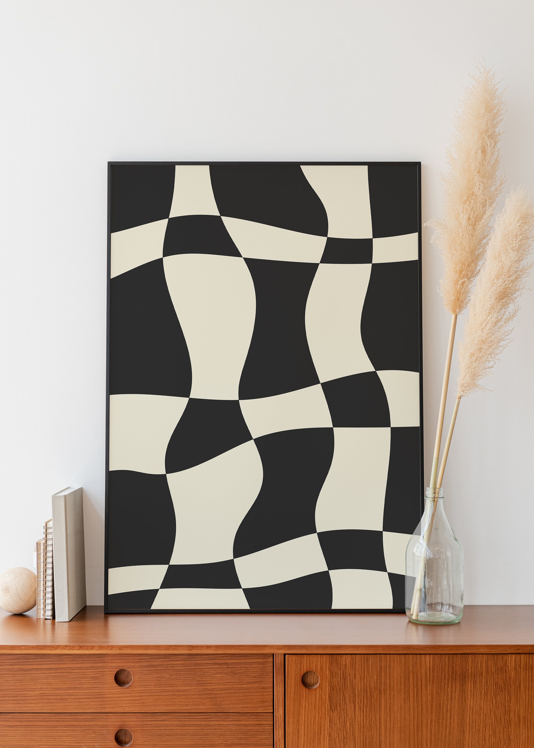 Funky Checkered Wavy, Black and Cream Art Print, Checkered Decor ...