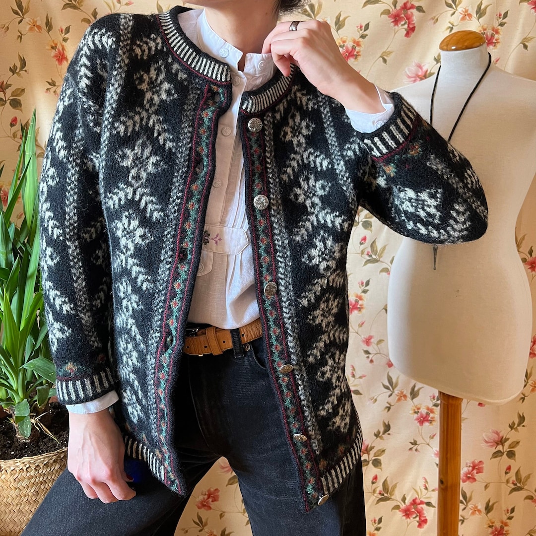 Vintage Scandinavian Folk Wool Cardigan, Snowflake Sweater Nordic Hygge ...