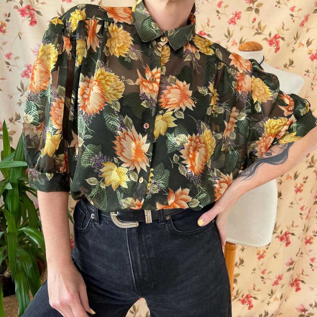 Vintage Sheer Baroque Blouse XL 80s, Shiny Garden Romantic Evening Top ...