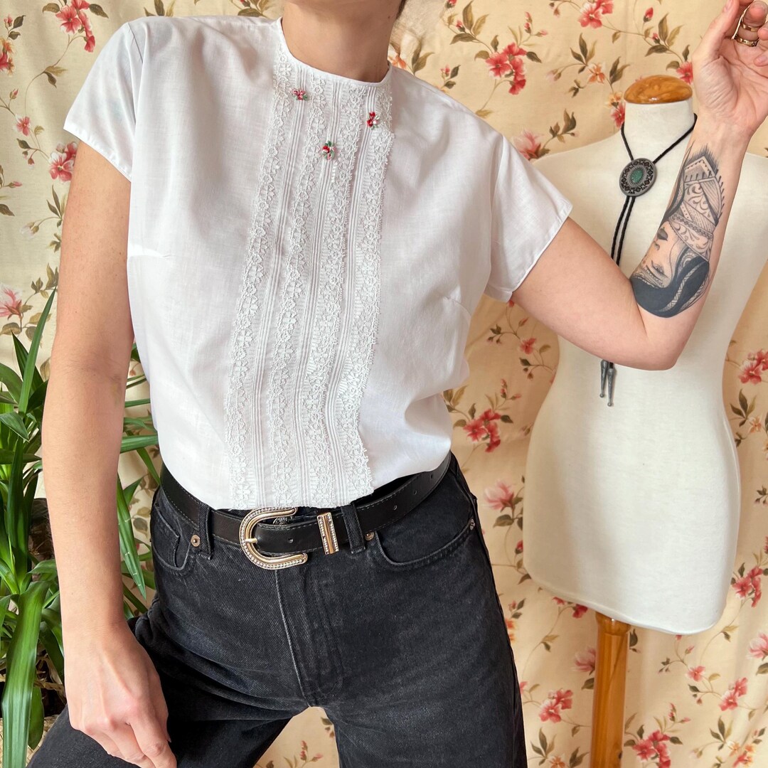Vintage Back Button Blouse 70s M, Antique Style Embroidery White Lace 60s Shirt Prairie ...