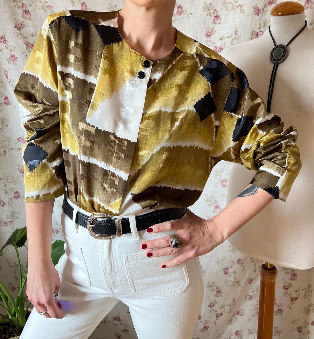 Vintage Funky Shiny Shirt 80s Ethnic Evening Aztec 90s Graphic Satin ...