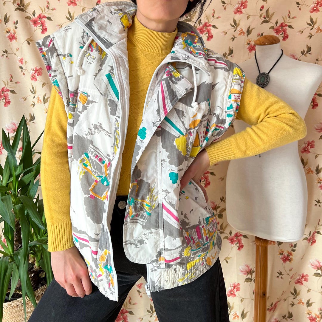 Vintage Retro Ski 90s Puffer Vest XL, Car Print Bomber Funky Old School ...